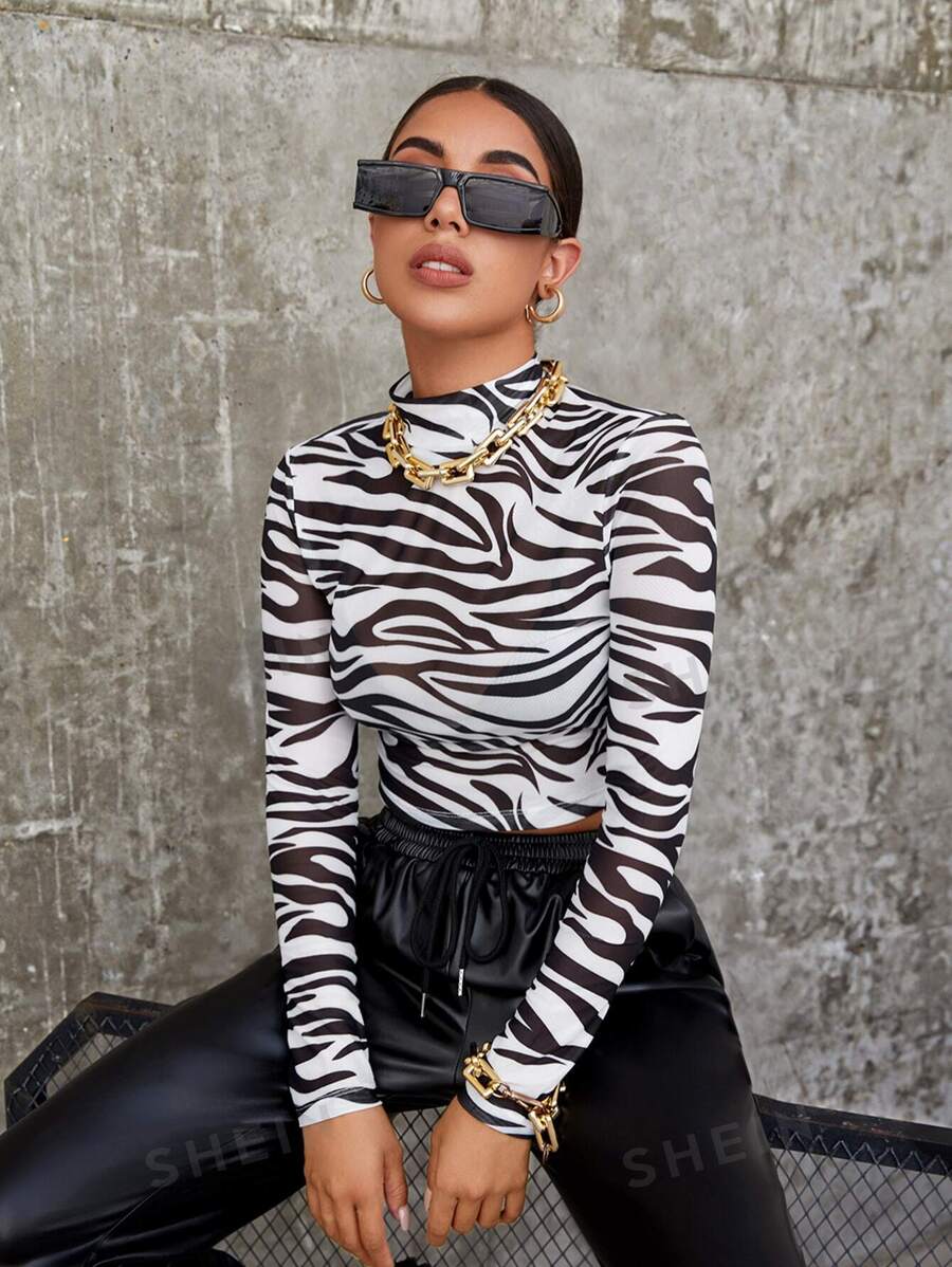 SHEIN Privé Mock Neck Zebra Striped Sheer Mesh Top Without Bra | SHEIN USA