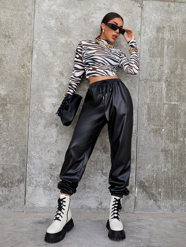 SHEIN X Priscilla Block SHEIN Privé Mock Neck Zebra Striped Sheer Mesh ...