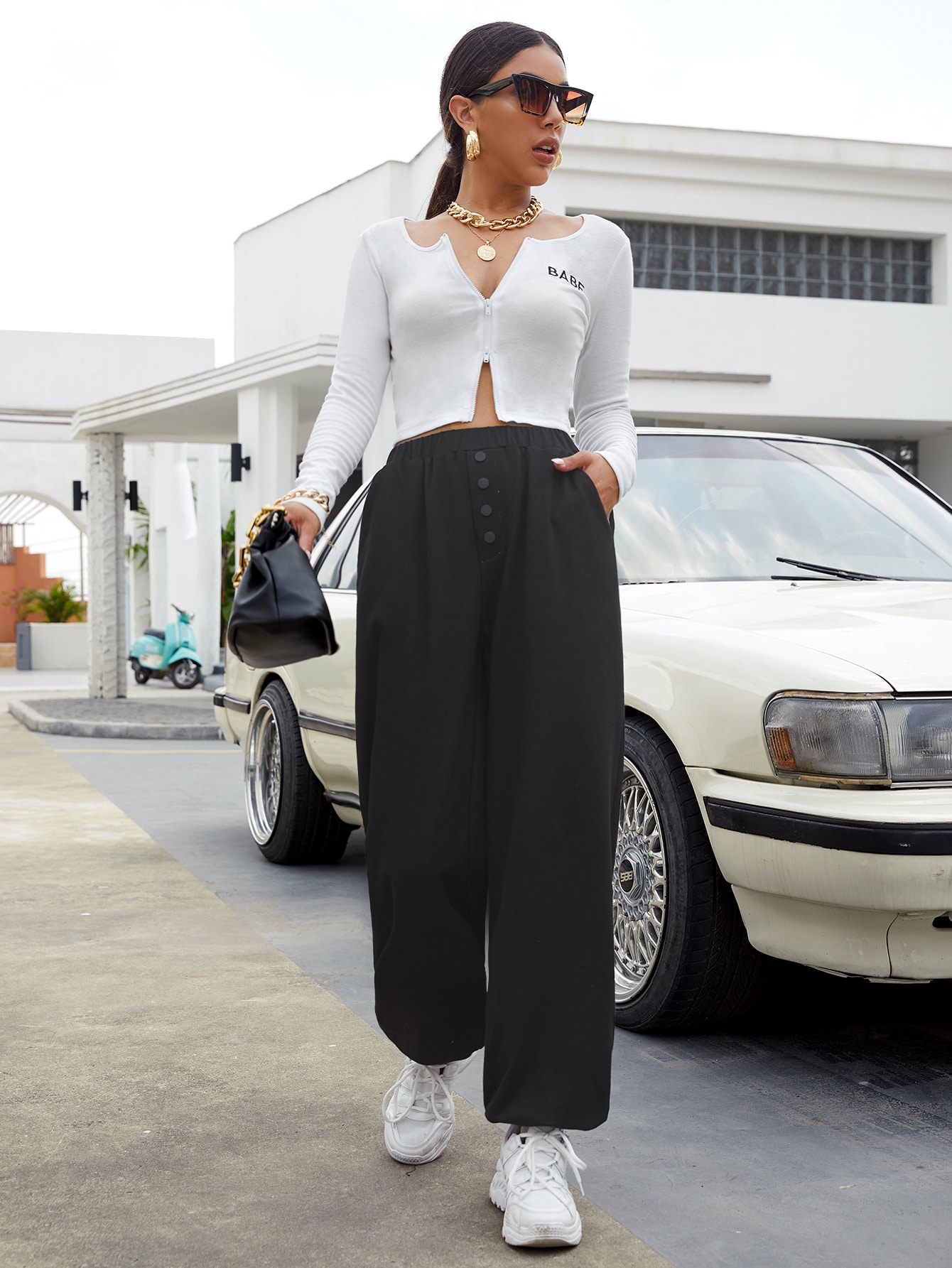 SHEIN EZwear Embroidered Babe Graphic Dual Zip-Up Crop Top | SHEIN UK