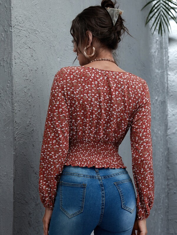 Shein Lantern Sleeve Shirred Hem Ditsy Floral Top Shein Usa
