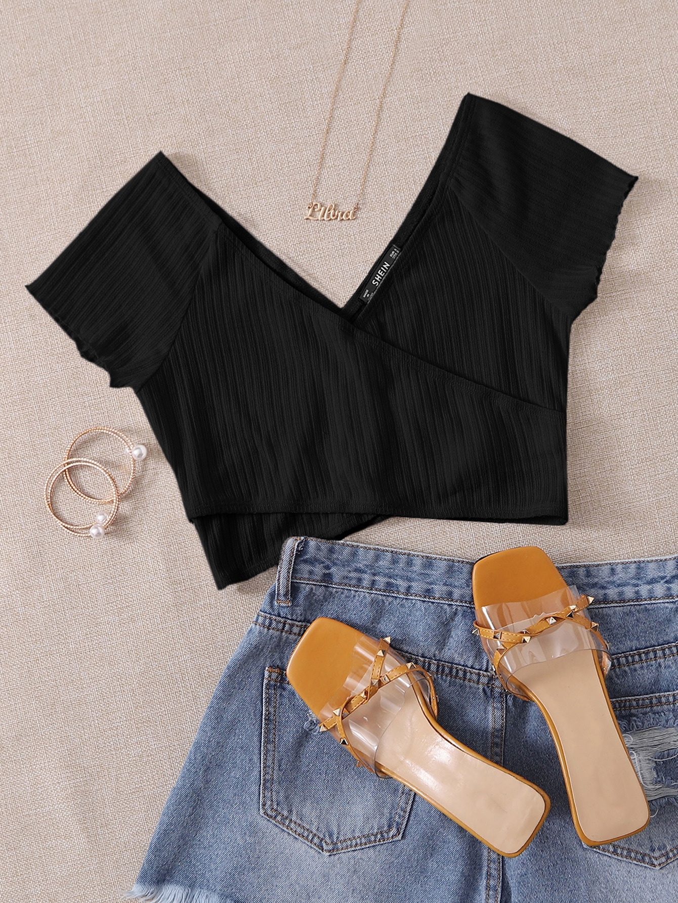 Double V Neck Cross Wrap Rib-knit Top