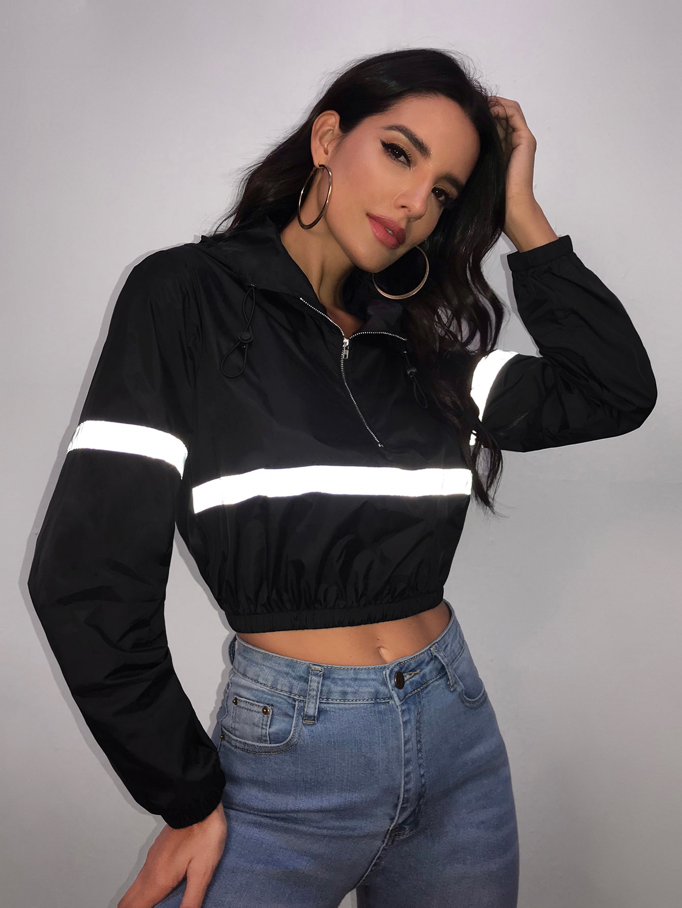 Half Zip Reflective Tape Hooded Jacket