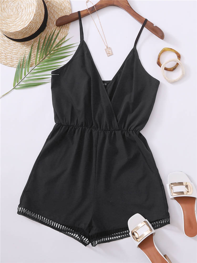 SHEIN VCAY Surplice Neck Eyelet Lace Hem Slip Romper | SHEIN USA