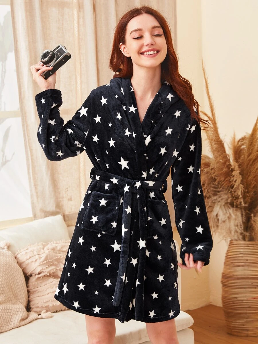 Galaxy Print Self Tie Teddy Robe | SHEIN UK