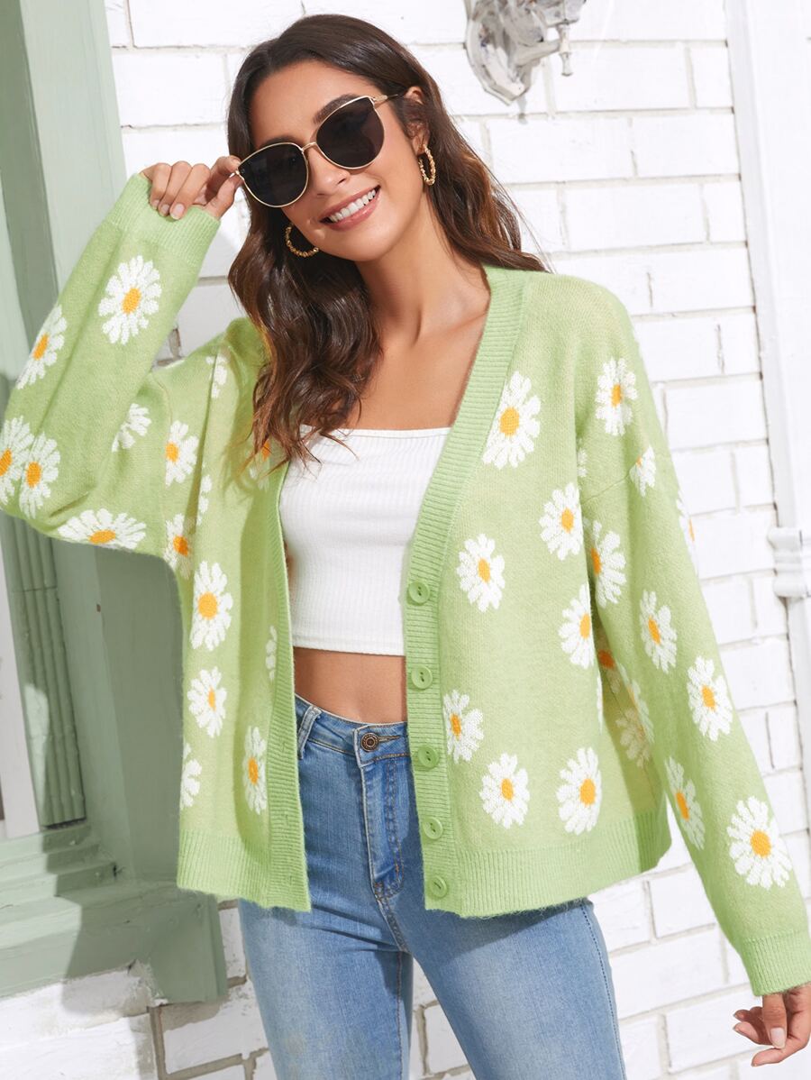 Button Front Daisy Floral Pattern Cardigan | SHEIN USA