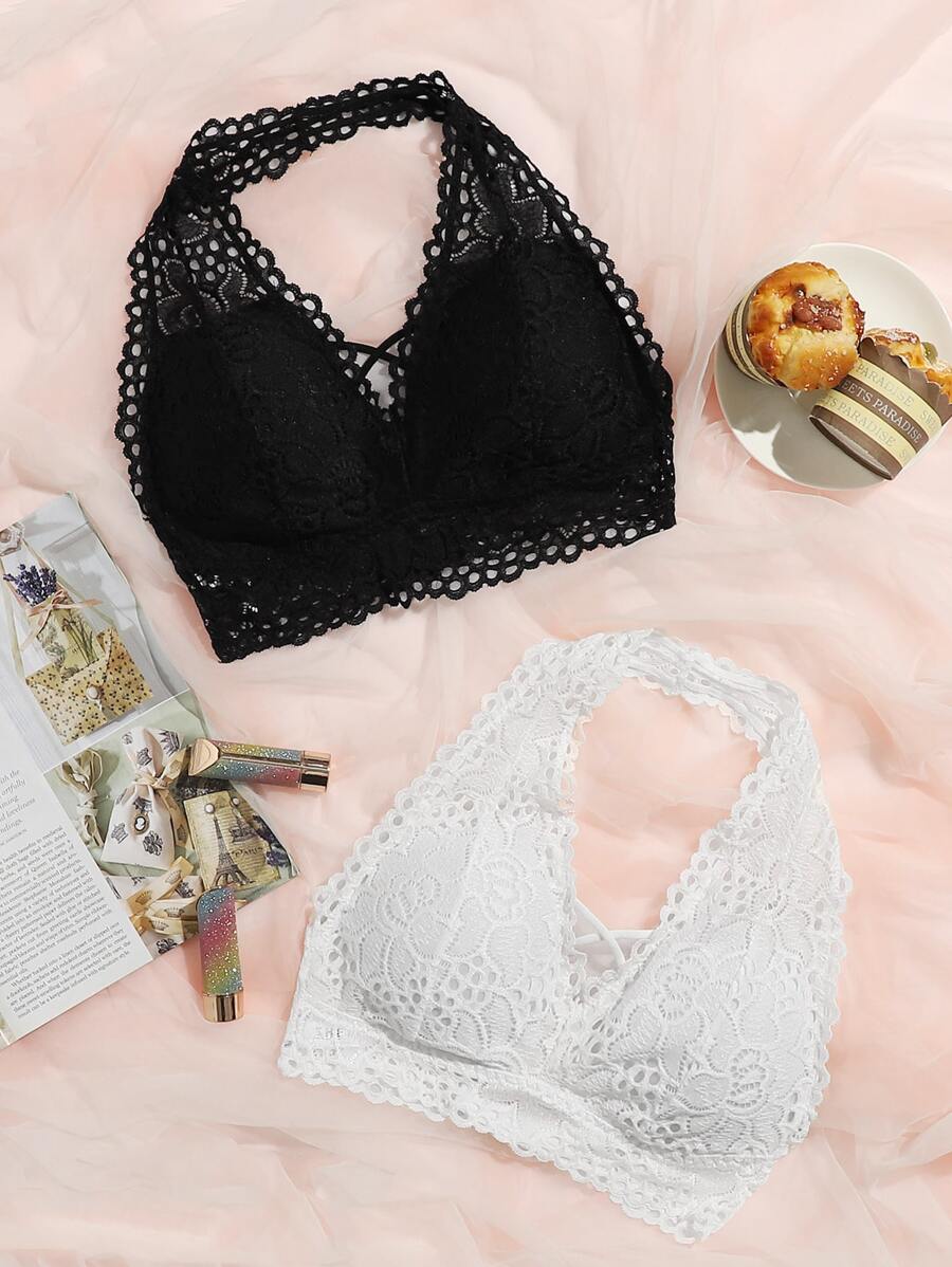 2 Packs Scalloped Floral Lace Halter Bralette | SHEIN USA