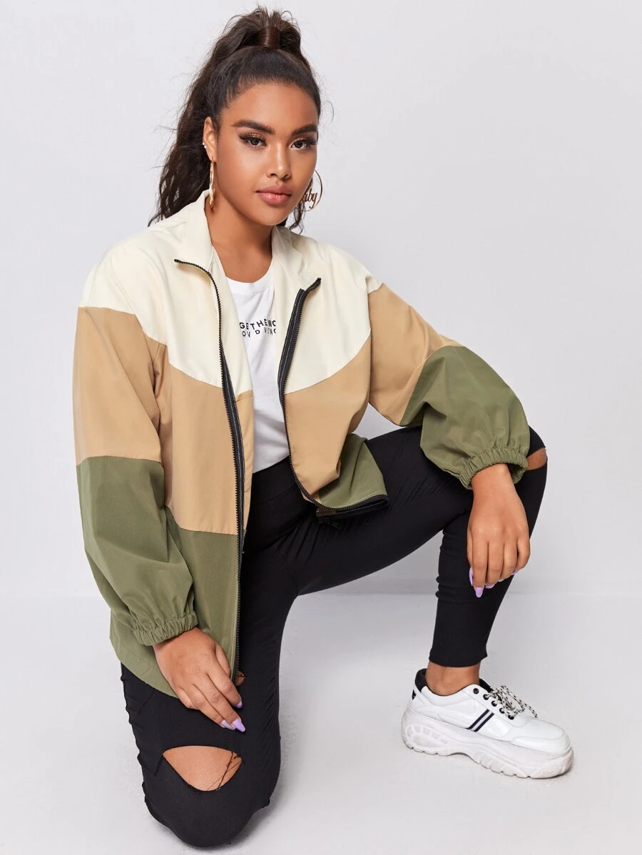 Flirla Plus Colorblock Zip-Up Windbreaker Jacket | SHEIN USA