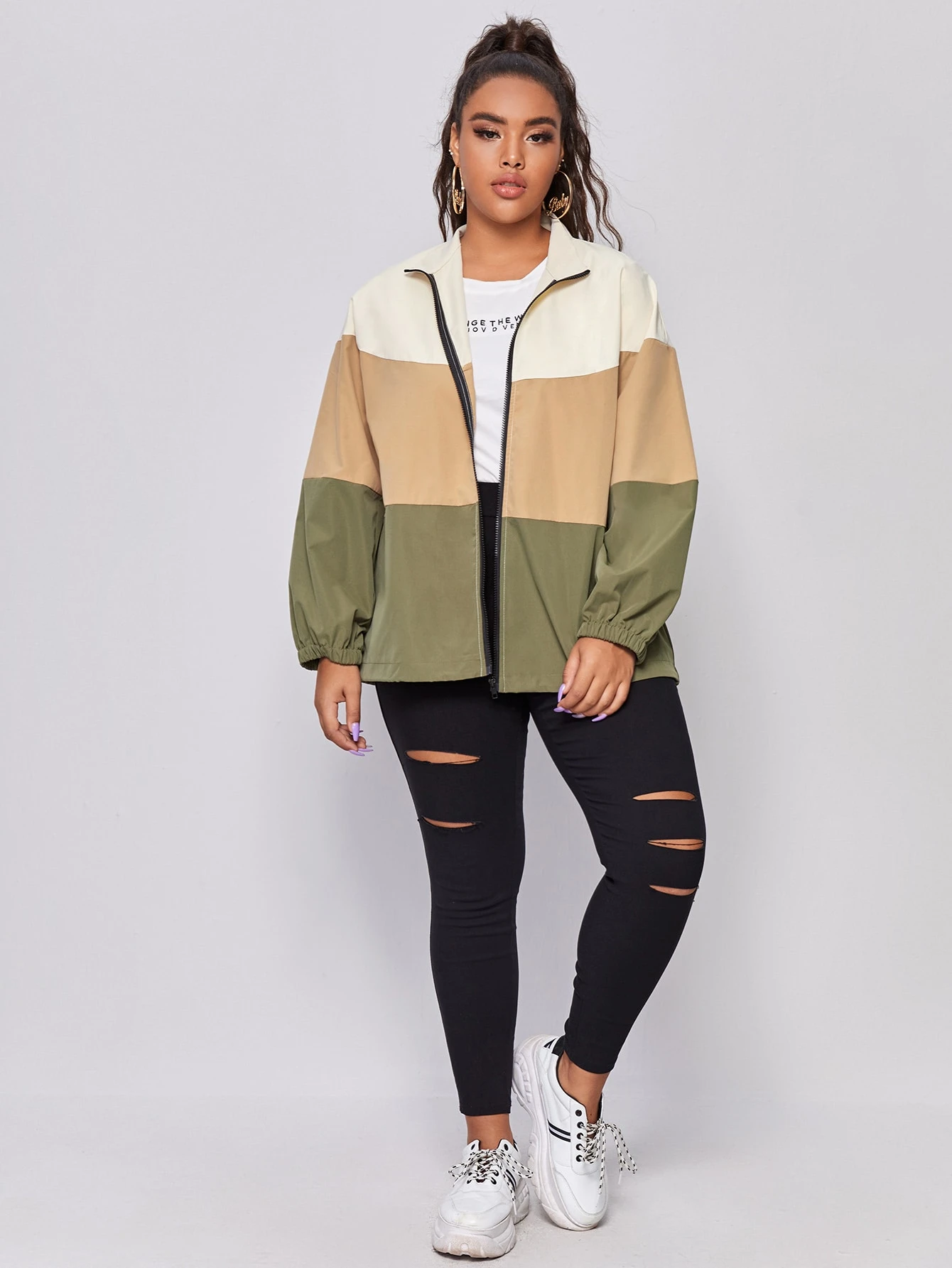 SHEIN EZwear Plus Colorblock Zip-Up Windbreaker Jacket | SHEIN USA
