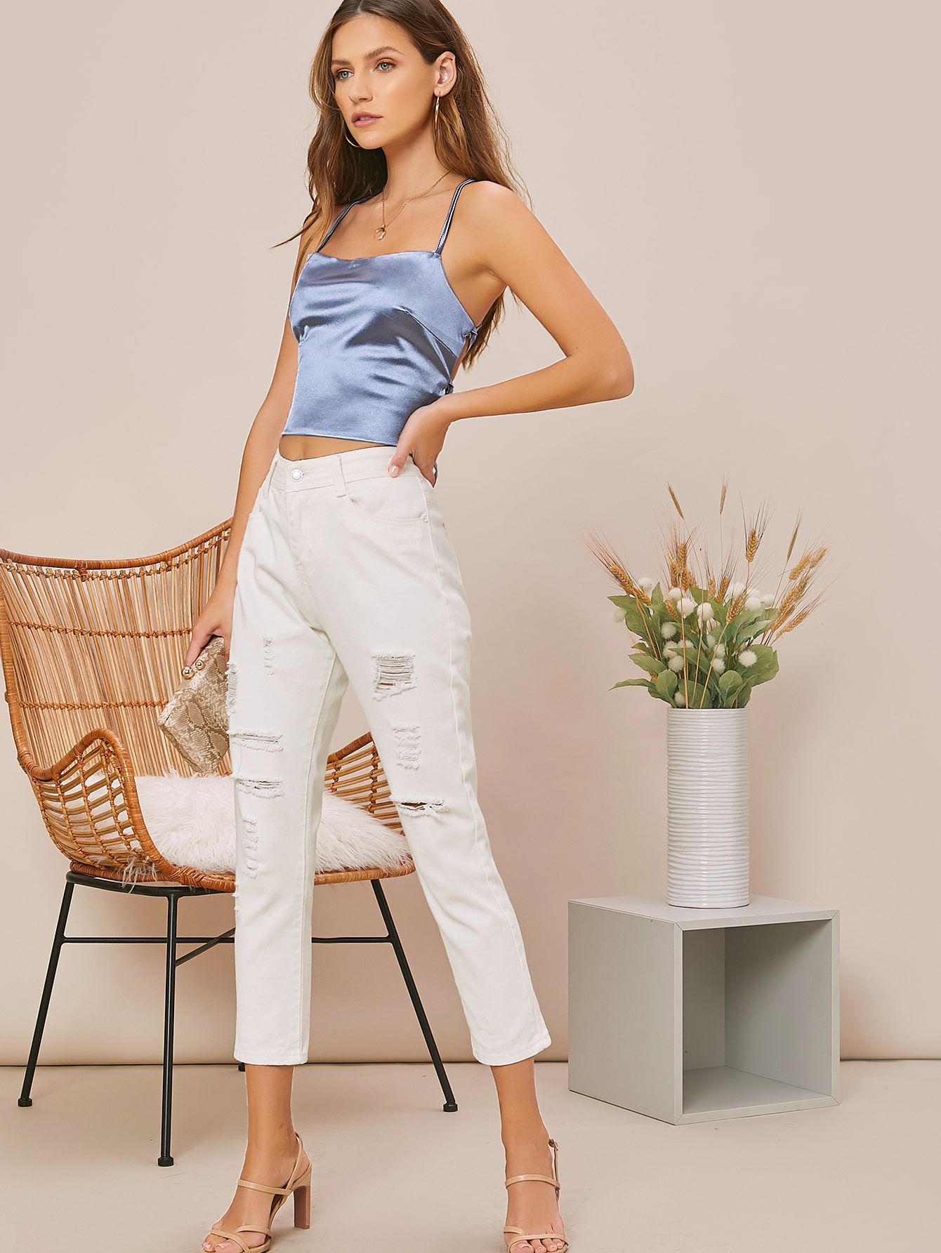 SHEIN BAE Satin Lace-Up Cropped Cami Top | SHEIN USA