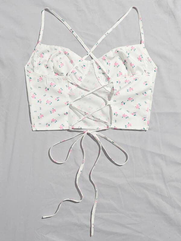 Ditsy Floral Lace-Up Cami Crop Top | SHEIN USA