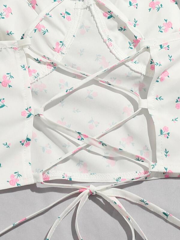 Ditsy Floral Lace-Up Cami Crop Top | SHEIN USA