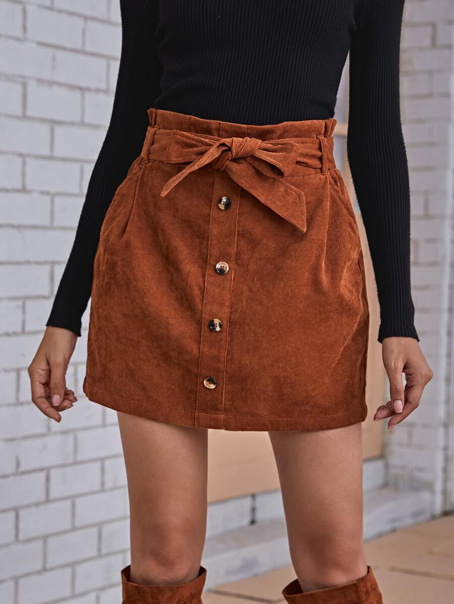 SHEIN Paperbag Waist Buttoned Front Cord Skirt | SHEIN USA