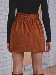 SHEIN Paperbag Waist Buttoned Front Cord Skirt | SHEIN USA