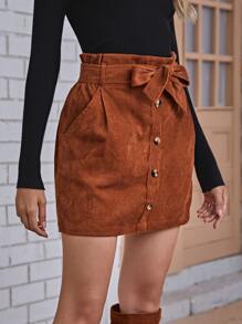SHEIN Paperbag Waist Buttoned Front Cord Skirt | SHEIN USA