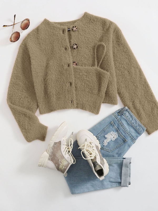 SHEIN Qutie Button Front Fuzzy Knit Cardigan With Cami | SHEIN USA
