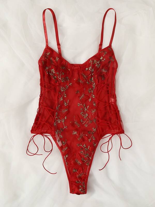 Embroidered Butterfly Mesh Lace Up Teddy Bodysuit Shein Usa