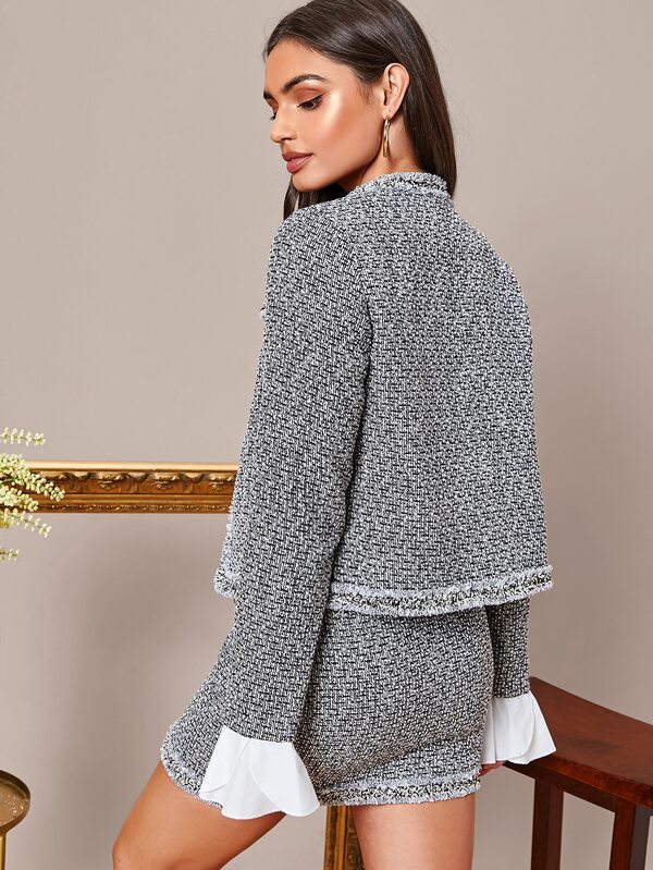 SHEIN Button Front Flounce Sleeve Tweed Jacket & Skirt Set | SHEIN USA