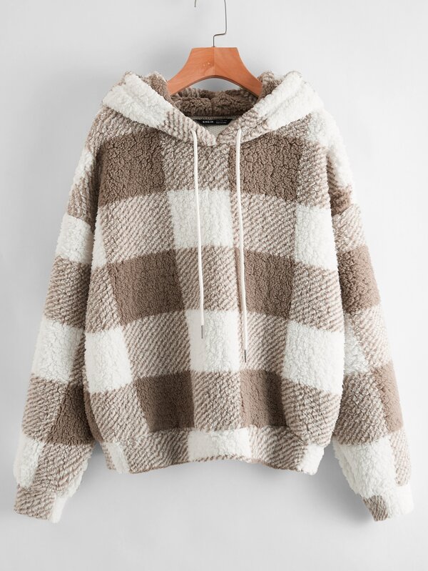 SHEIN Plush Plaid Teddy Drawstring Hoodie | SHEIN UK