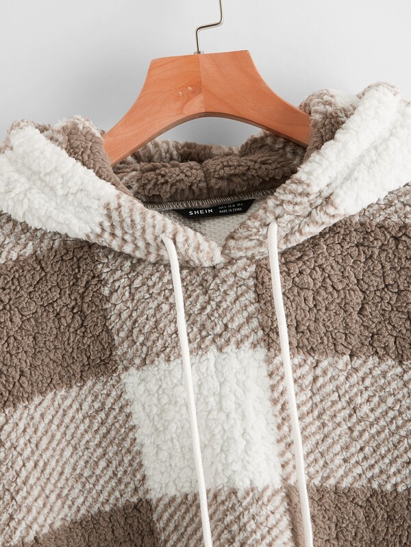 SHEIN Plush Plaid Teddy Drawstring Hoodie | SHEIN UK