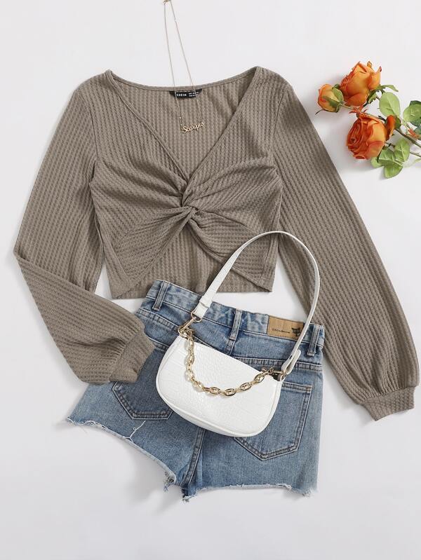 SHEIN EZwear Ribbed Twist-Front Crop Top | SHEIN USA