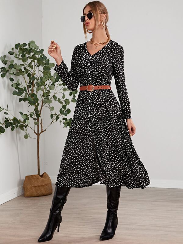 Button Front Ditsy Floral Midi Dress | SHEIN USA