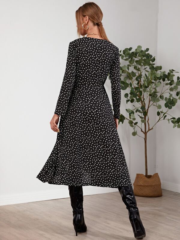 Button Front Ditsy Floral Midi Dress | SHEIN USA