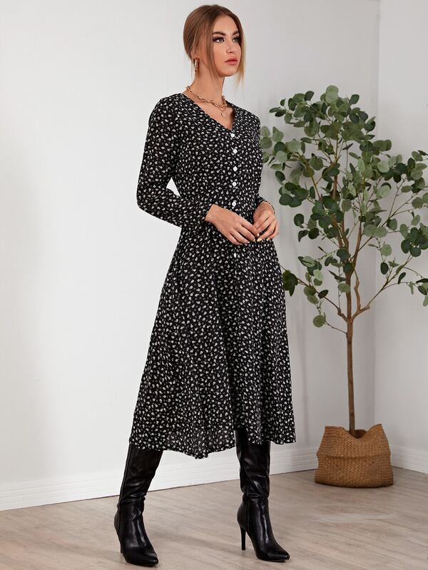 Button Front Ditsy Floral Midi Dress | SHEIN USA