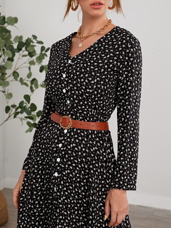 Button Front Ditsy Floral Midi Dress | SHEIN USA