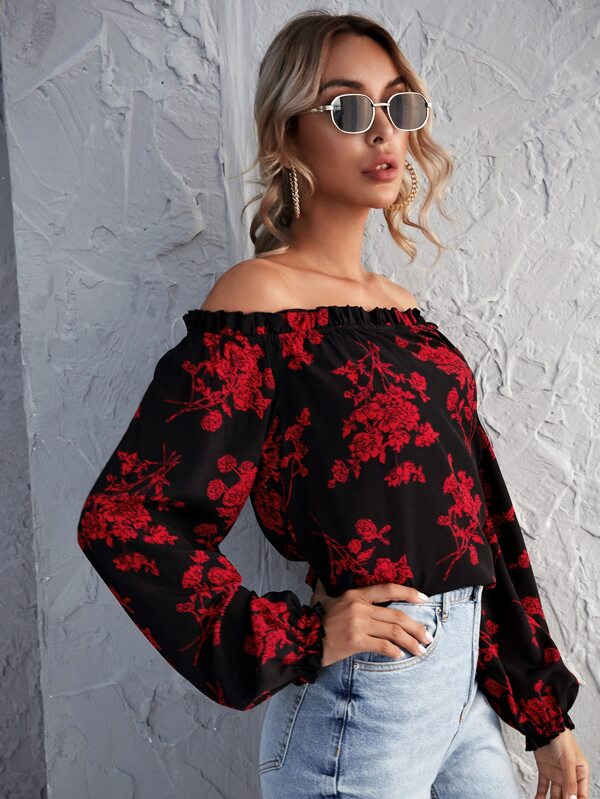 SHEIN Floral Print Off-the-Shoulder Ruffled Top | SHEIN USA