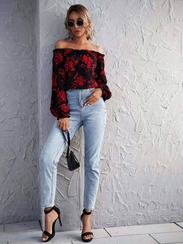 SHEIN Floral Print Off-the-Shoulder Ruffled Top | SHEIN USA