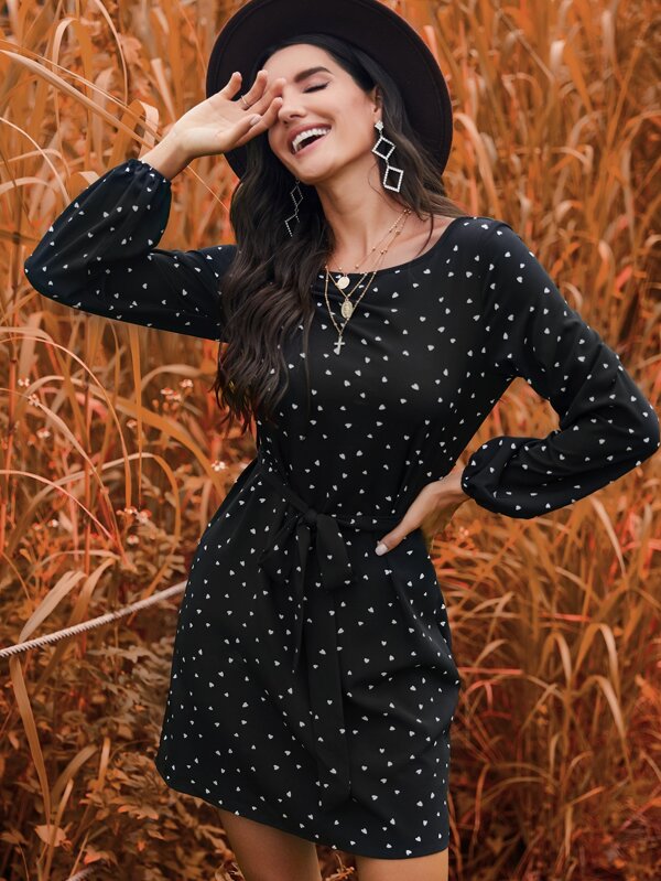 Shein Lune Allover Heart Print Belted Dress Shein Usa