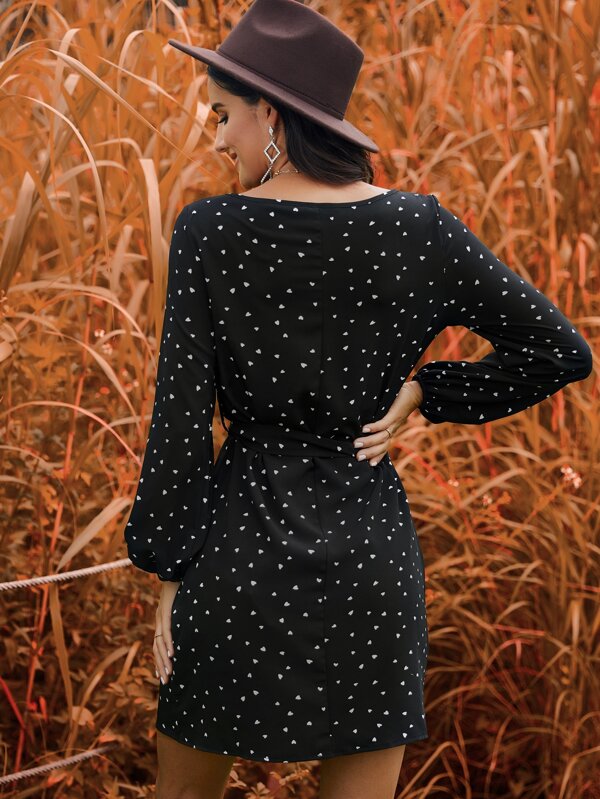 Shein Lune Allover Heart Print Belted Dress Shein Usa