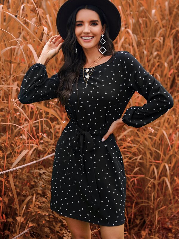 Shein Lune Allover Heart Print Belted Dress Shein Usa
