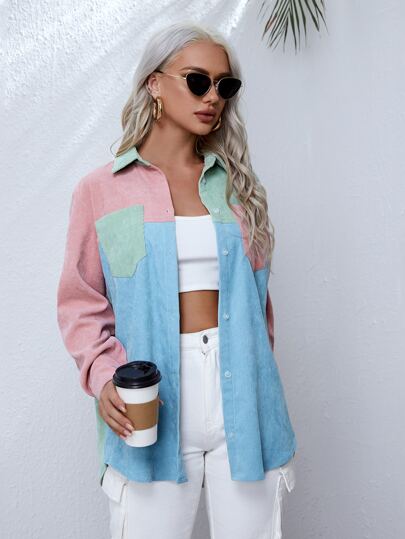 SHEIN Colorblock Button-Front Patch Pocket Shirt | SHEIN USA