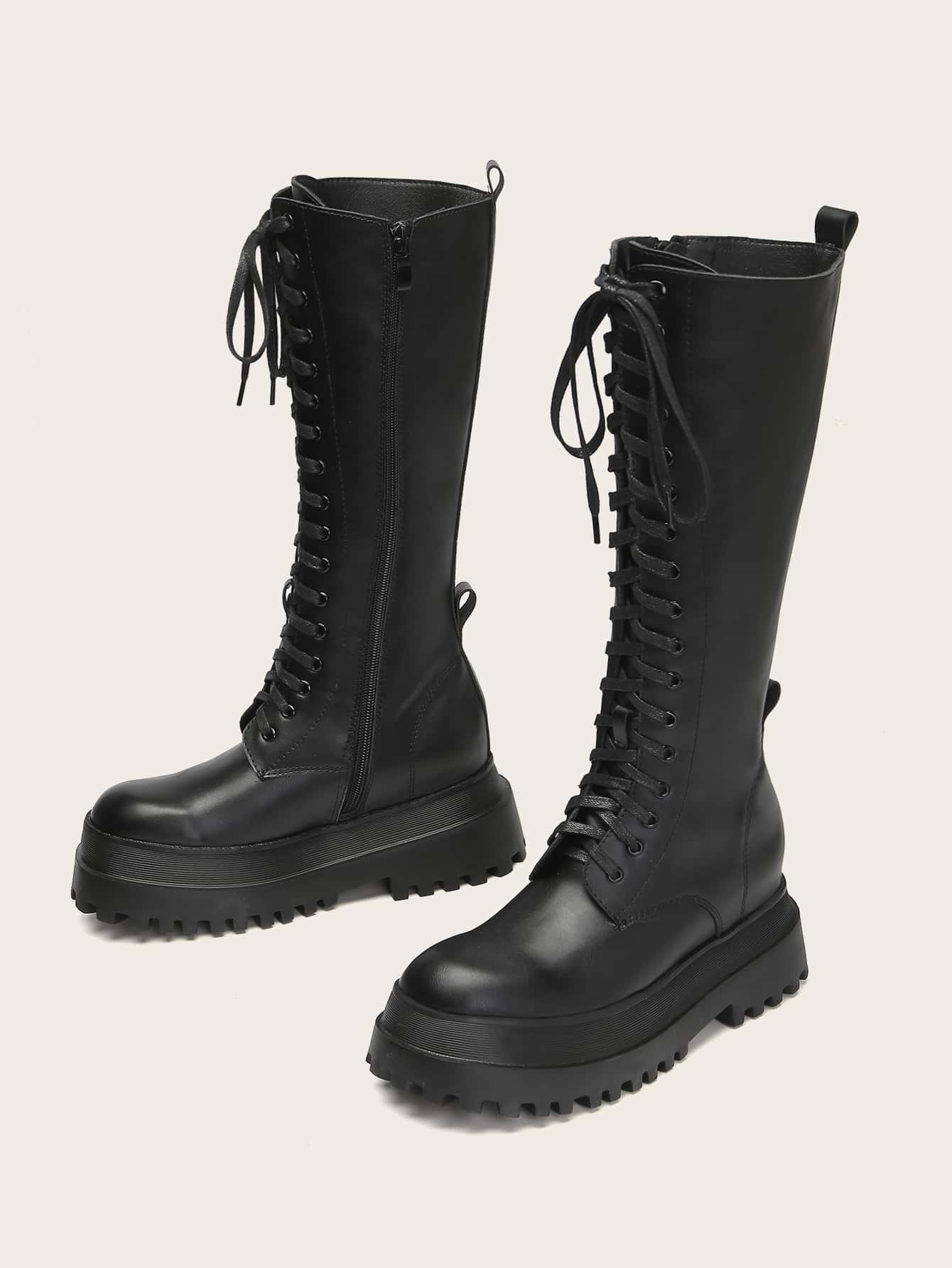 Round Toe Mid Calf Lace Up Boots