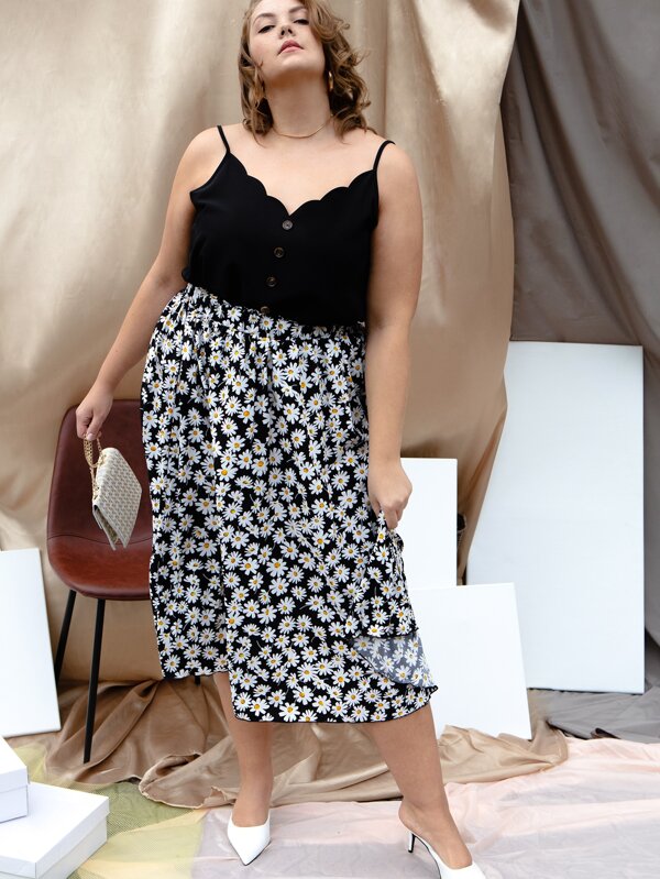 SHEIN LUNE Plus Daisy Floral Midi Flared Skirt | SHEIN USA
