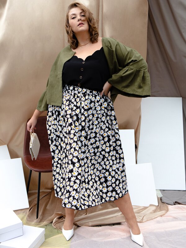 SHEIN LUNE Plus Daisy Floral Midi Flared Skirt | SHEIN USA