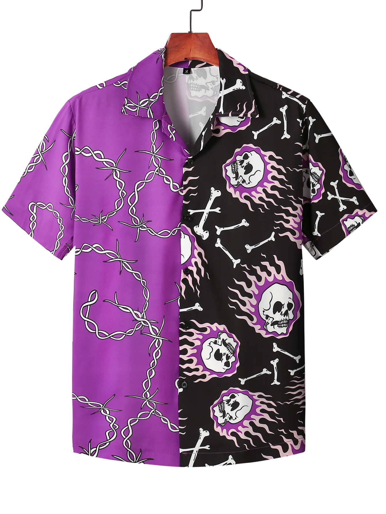 Men Skull Print Spliced Button Up Shirt
