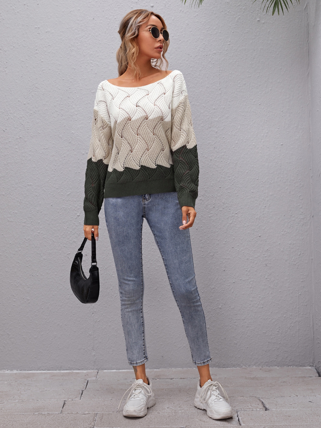 SHEIN LUNE Boat Neck Colour Block Jumper | SHEIN UK