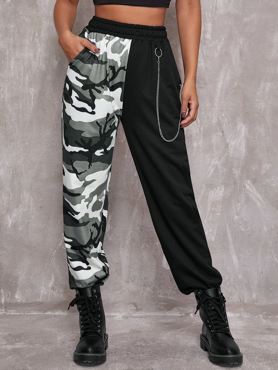Chain Detail Color Block Camo Pants | SHEIN USA