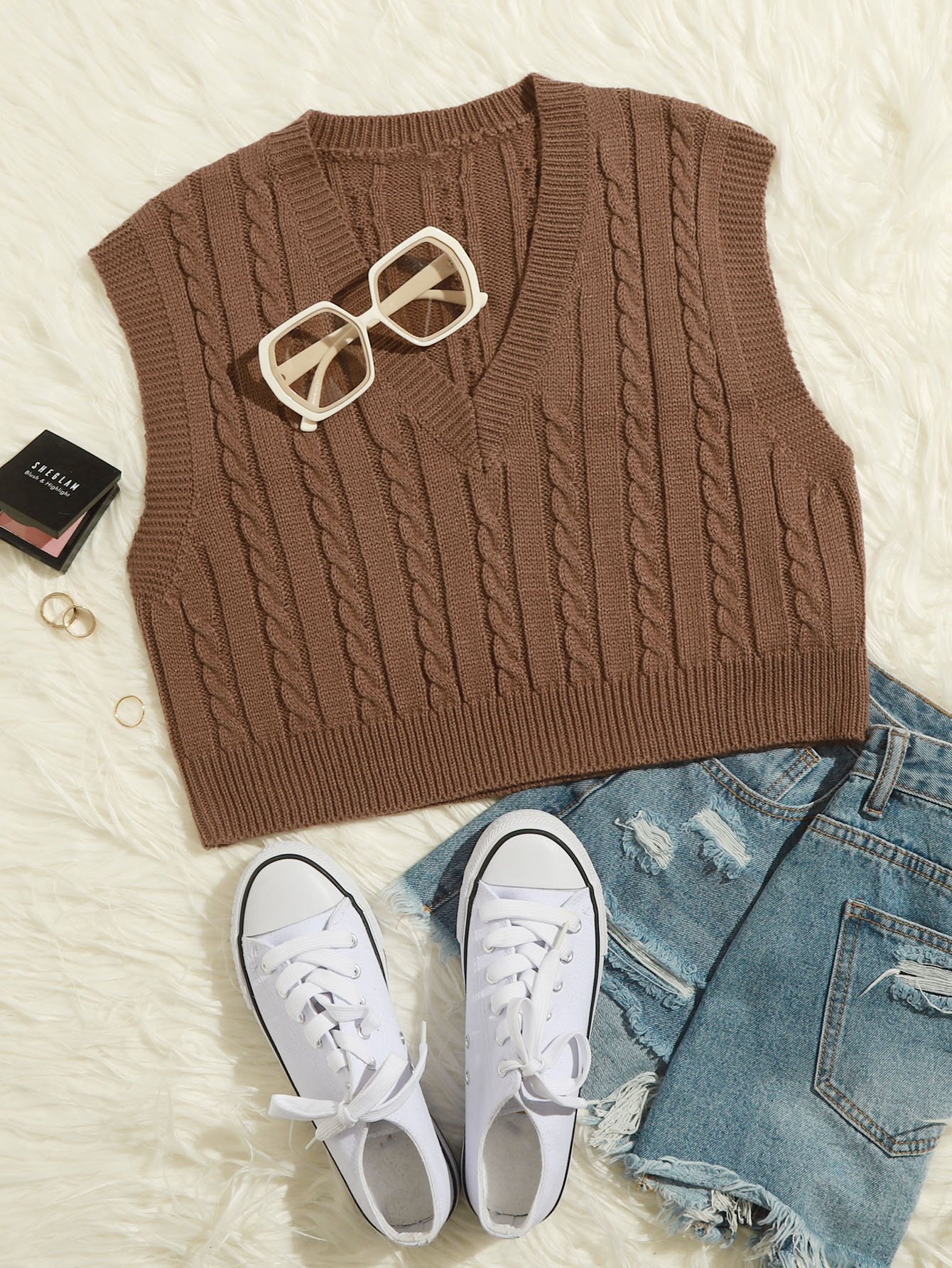 SHEIN Essnce Cable Knit V-neck Sweater Vest | SHEIN USA