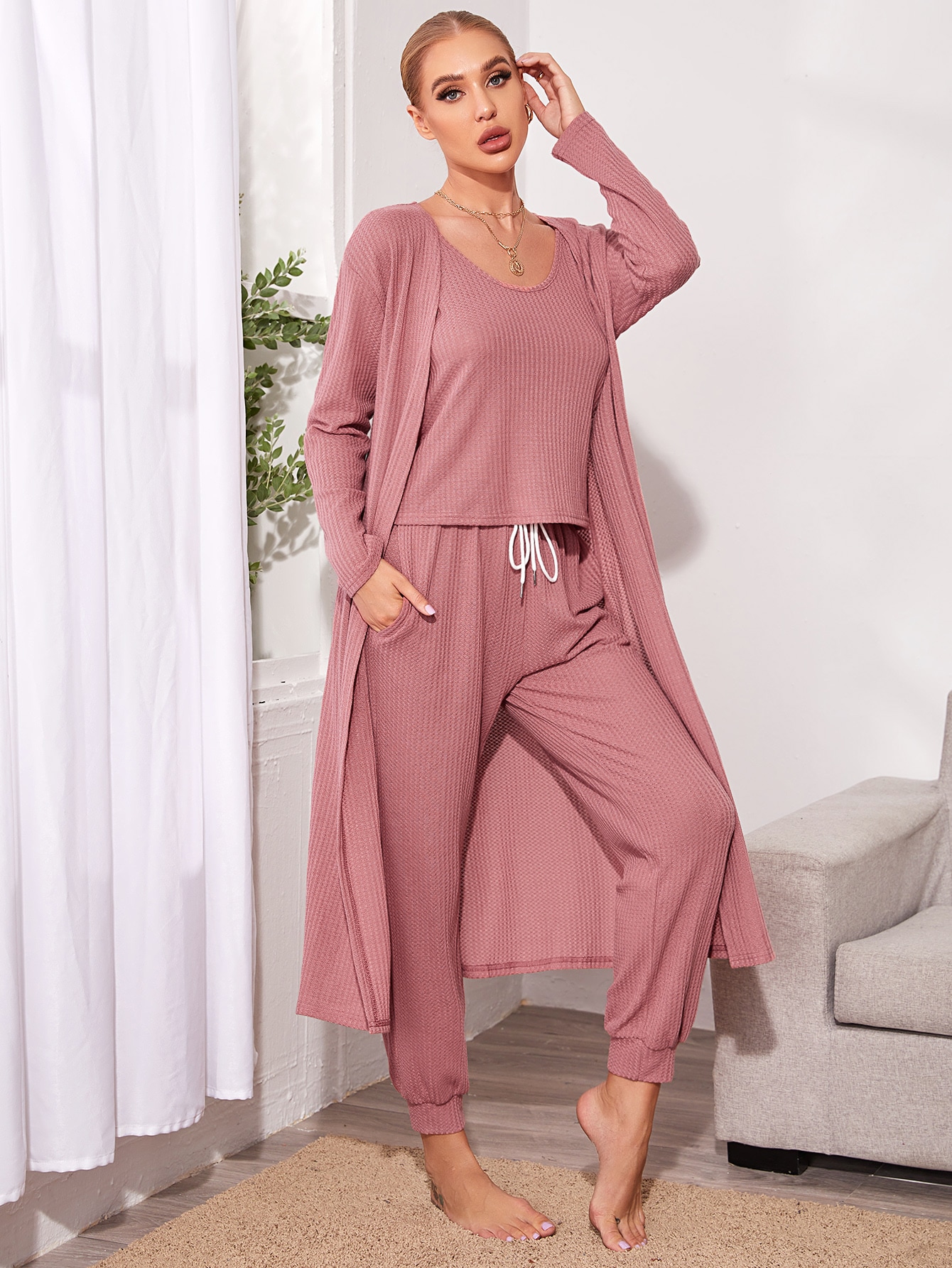 3pcs Solid Drawstring Waist Waffle Pajama Set