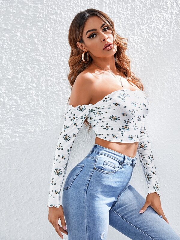 SHEIN Lettuce Trim Lace Up Backless Floral Bardot Top | SHEIN USA