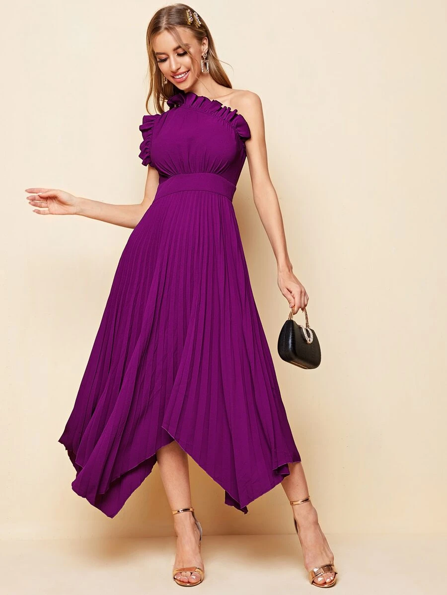 Shein Belle One Shoulder Ruffle Detail Pleated Hanky Hem Bridesmaid Dress Elegant Prom Semi