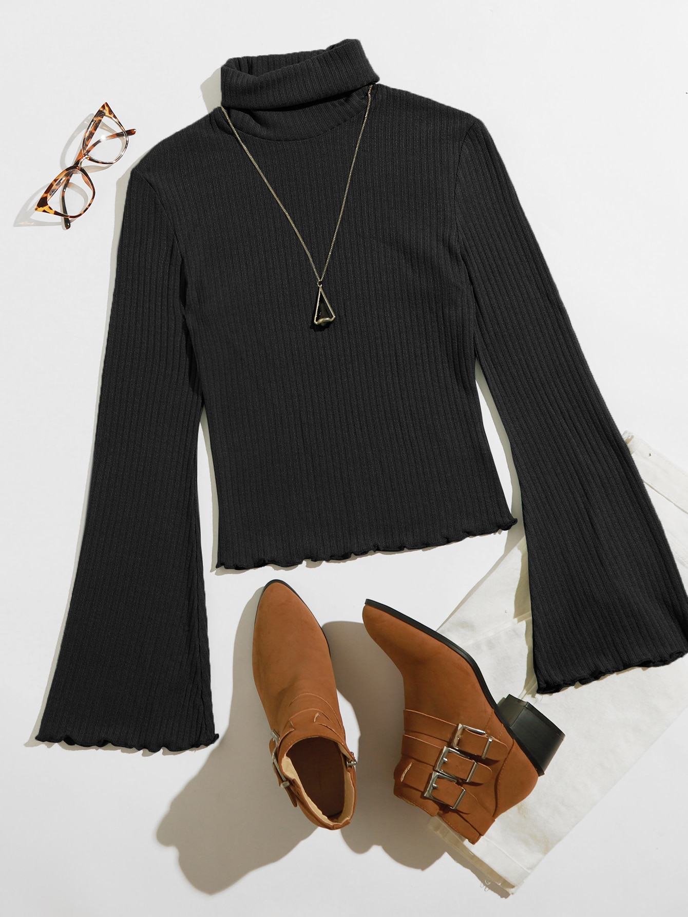 SHEIN Turtle Neck Bell Sleeve Lettuce Trim Rib-knit Top | SHEIN USA