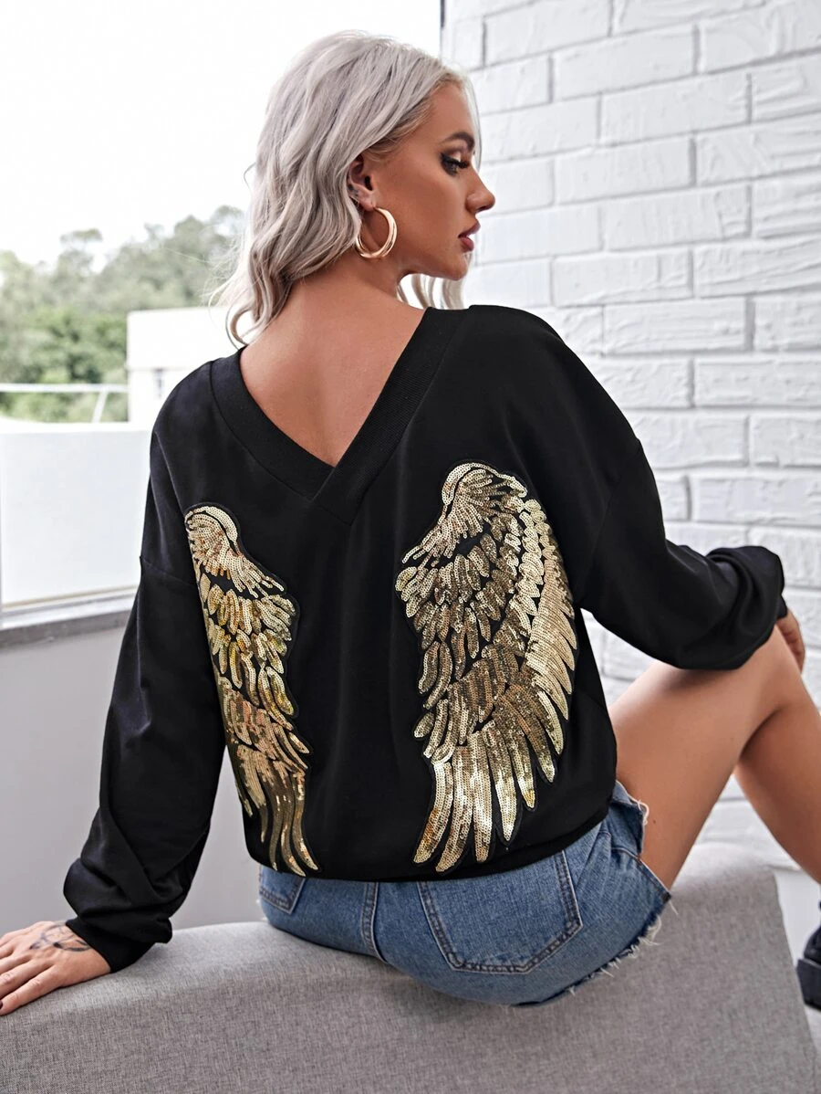 SHEIN LUNE Double V-Neck Drop Shoulder Sequin Wing Back Pullover ...