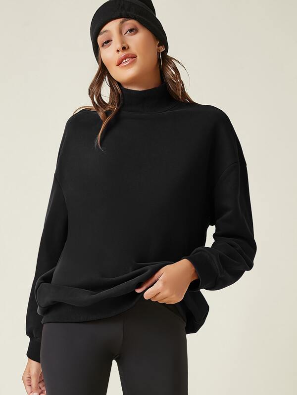 SHEIN BASICS Terry Fleece Cotton High Neck Drop Shoulder Oversized ...