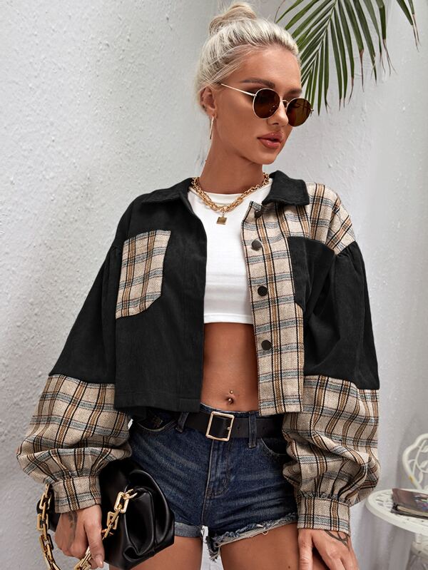 SHEIN EZwear Shacket de colheita de veludo cotelê de painel tartan ...