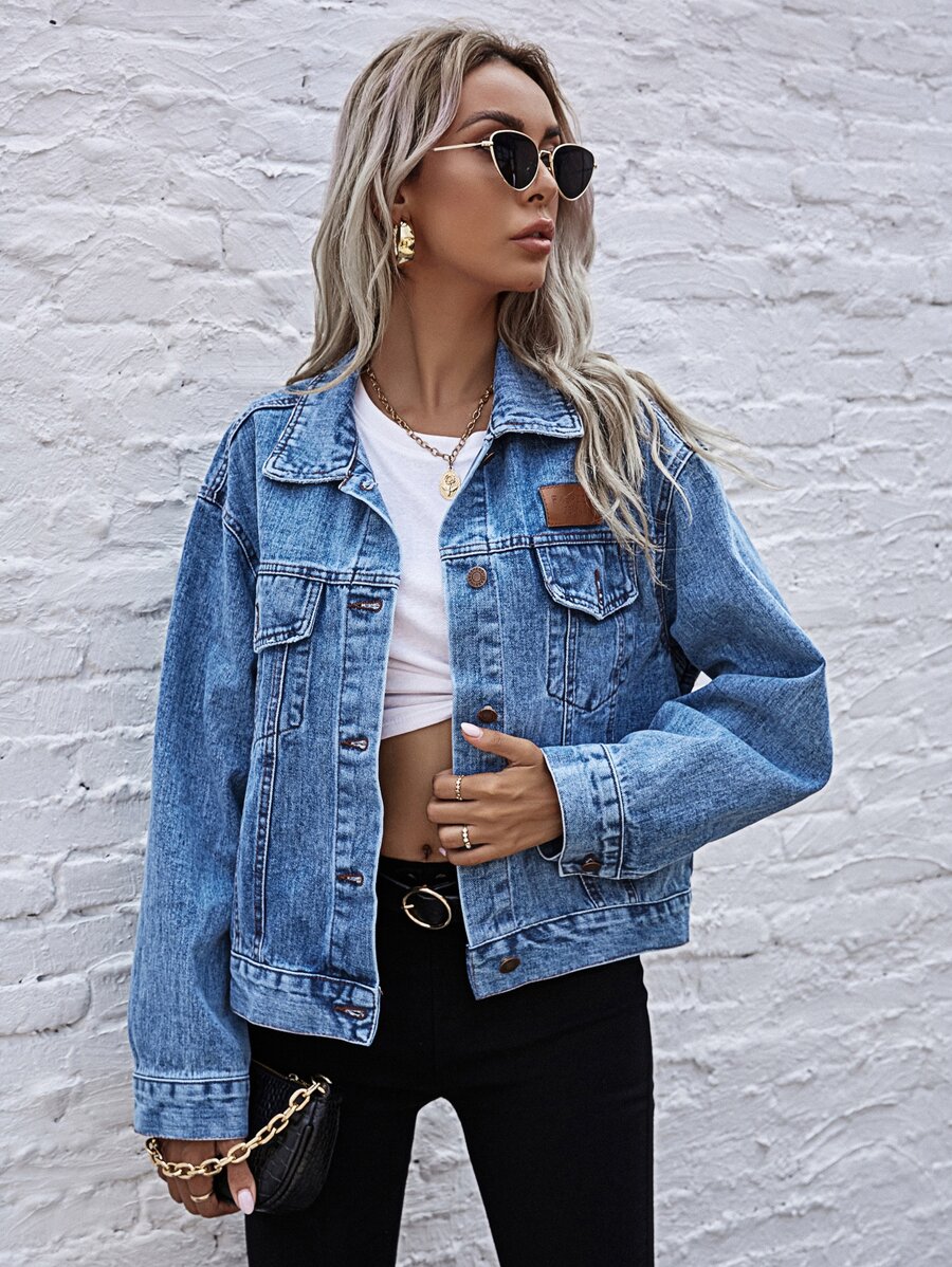 Patched Button Up Denim Jacket | SHEIN USA