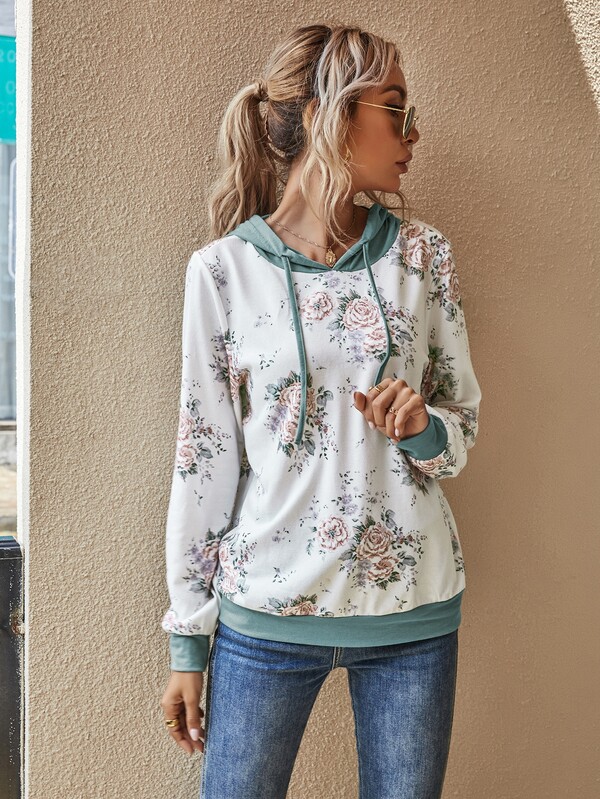 SHEIN LUNE Floral Print Drawstring Hoodie | SHEIN UK